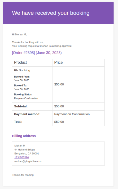 WooCommerce Bookings Email Notification