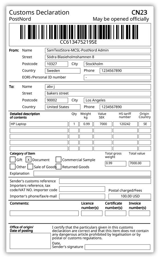 Print CN22 and CN23 Customs Declarations for PostNord Print CN22 and CN23 Customs Declarations for PostNord